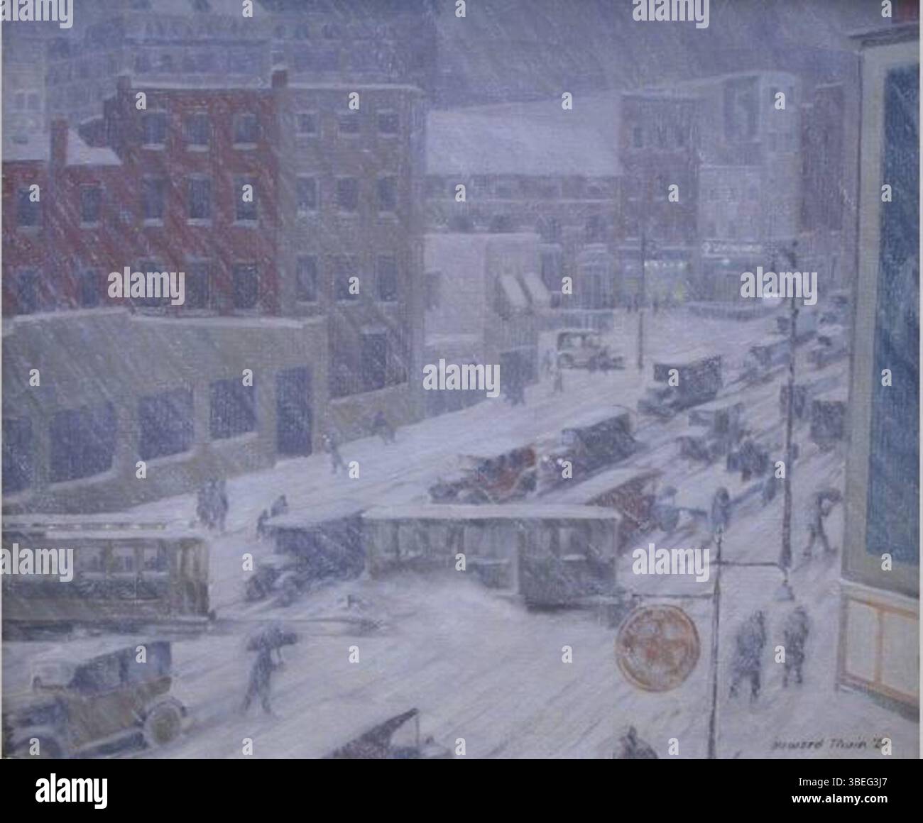 This painting from 1970 titled 'The Snow Storm, NYC' illustrates a ...