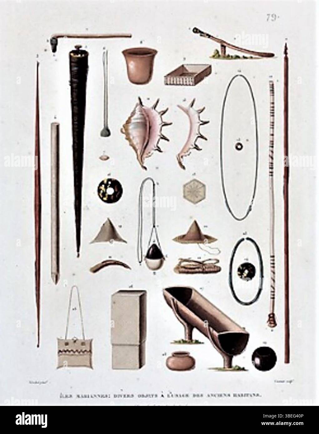 Illustration depicting various objects used by the inhabitants of the ...