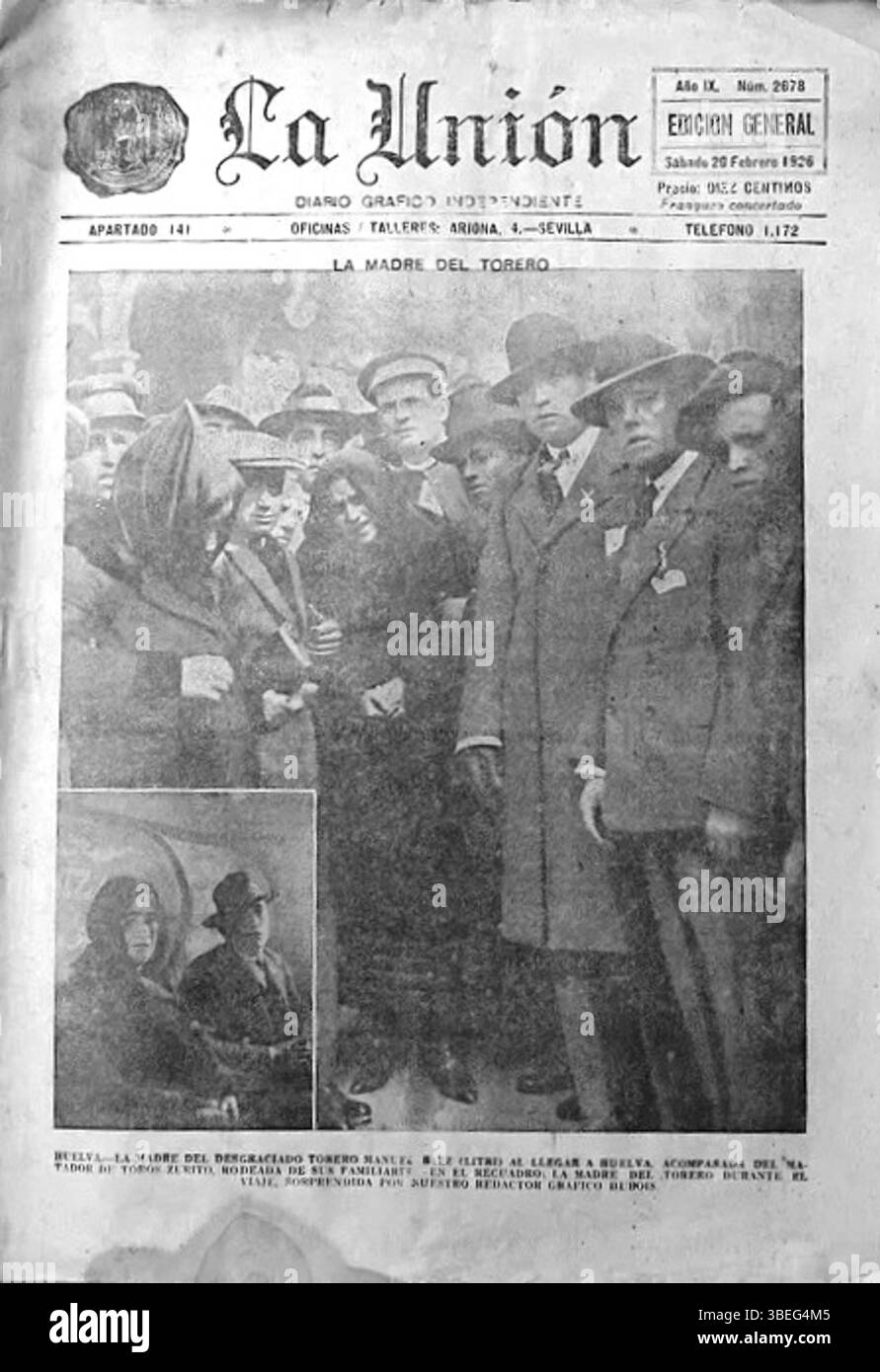 The front page of 'La Union,' a Spanish daily newspaper from 1926 ...