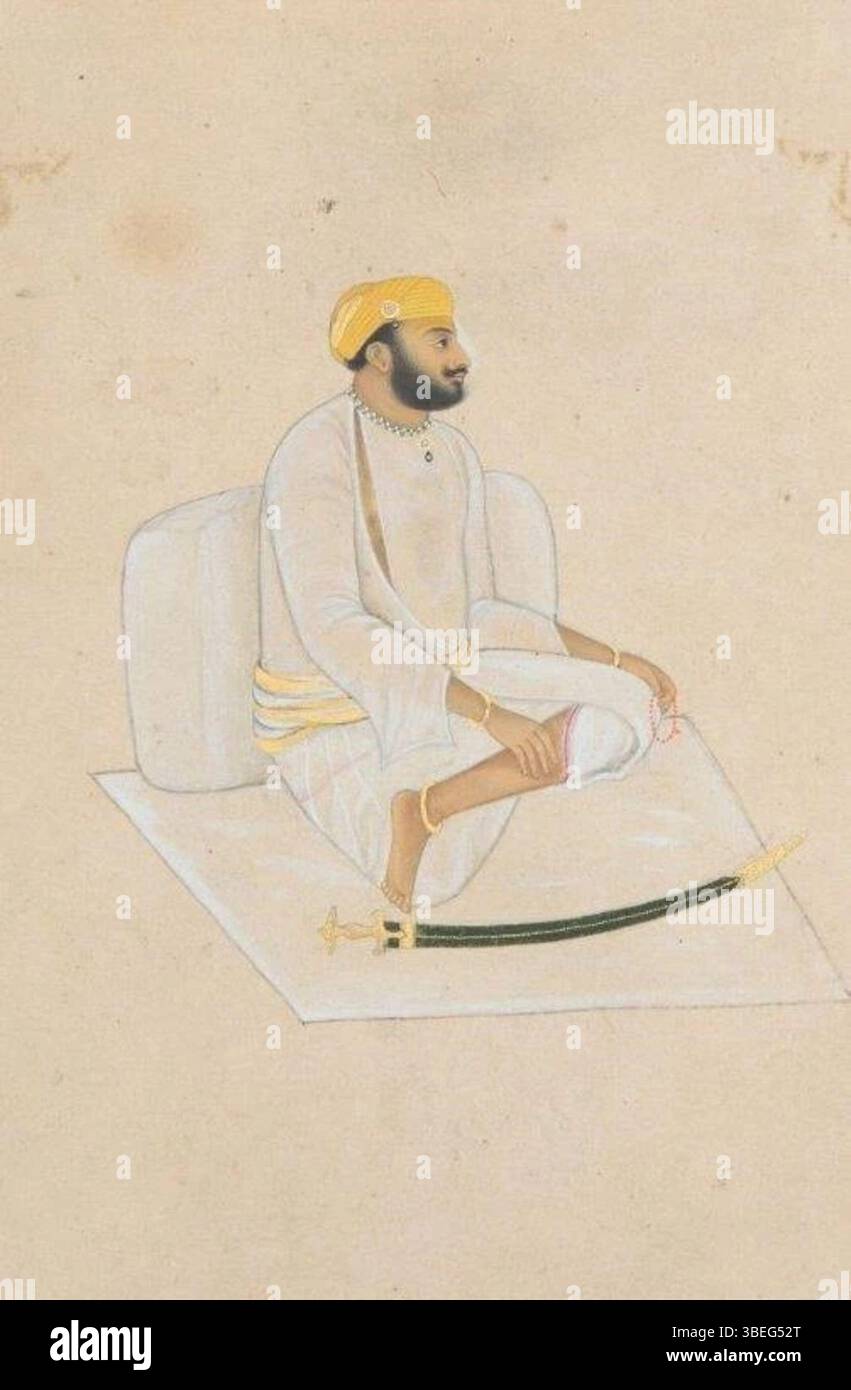 Opaque watercolor portrait from the Delhi School, circa 1840, showing a ...
