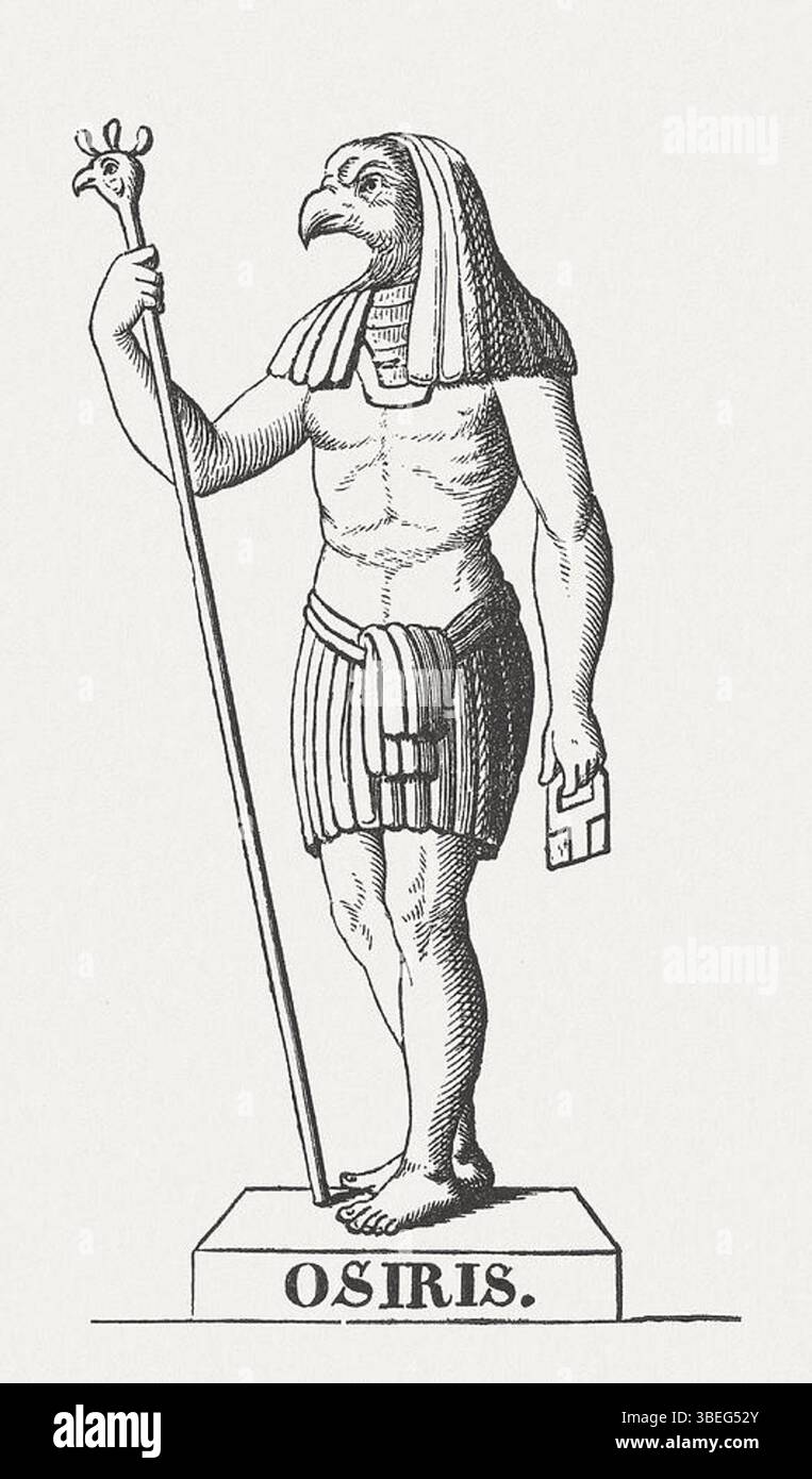 Wood engraving published in 1878 depicting Osiris, the ancient Egyptian ...