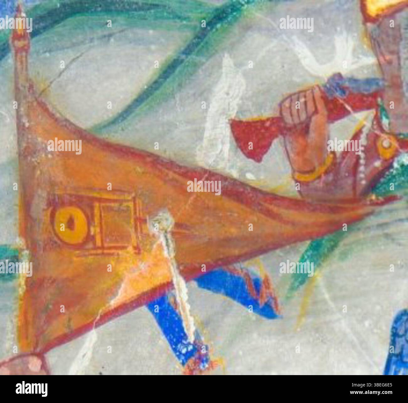 This mural from Gurdwara Chhevin Patshahi in Hadiara depicts the Nishan Sahib flag of the Akal ...