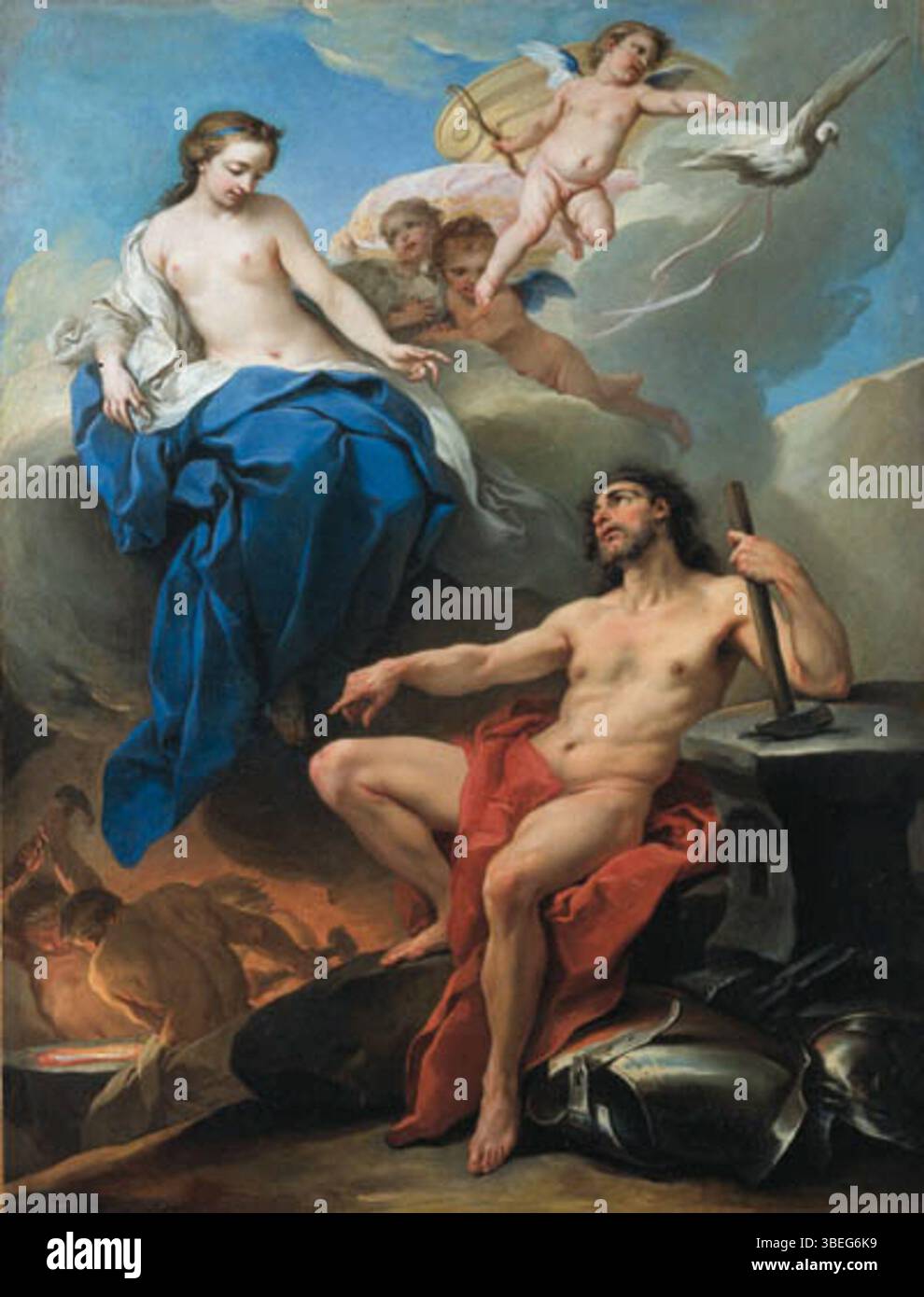 Carle Vanloo’s 18th-century painting, *Venus requesting Vulcan to make arms for Aeneas*, depicts ...
