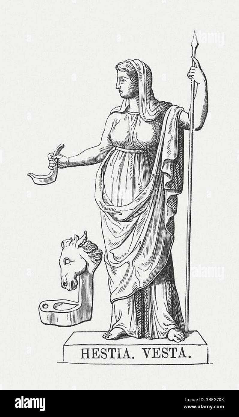 This wood engraving, published in 1878, illustrates Hestia, the Greek ...