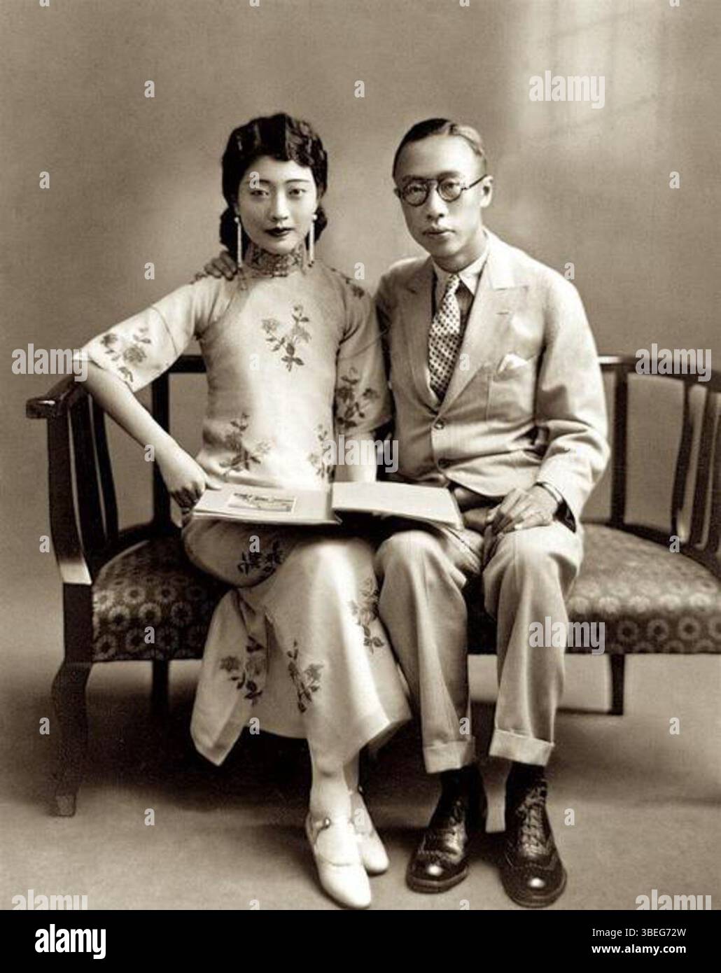 A photograph of Puyi, the last emperor of China, with his empress Wanrong, taken in Tianjin ...