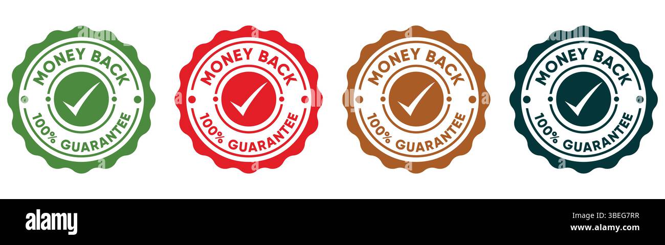 Colorful 100 Percent Money Back Guarantee Badges with Checkmark Icons ...