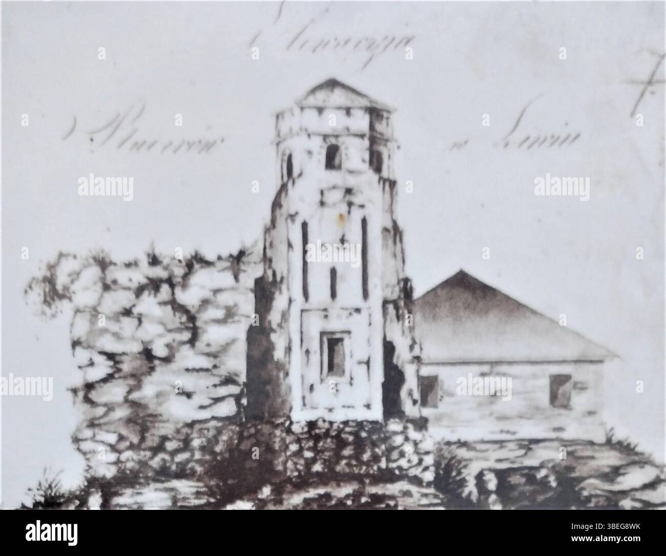 Historical illustration by Karol Fiszer showing the ruins of the castle ...