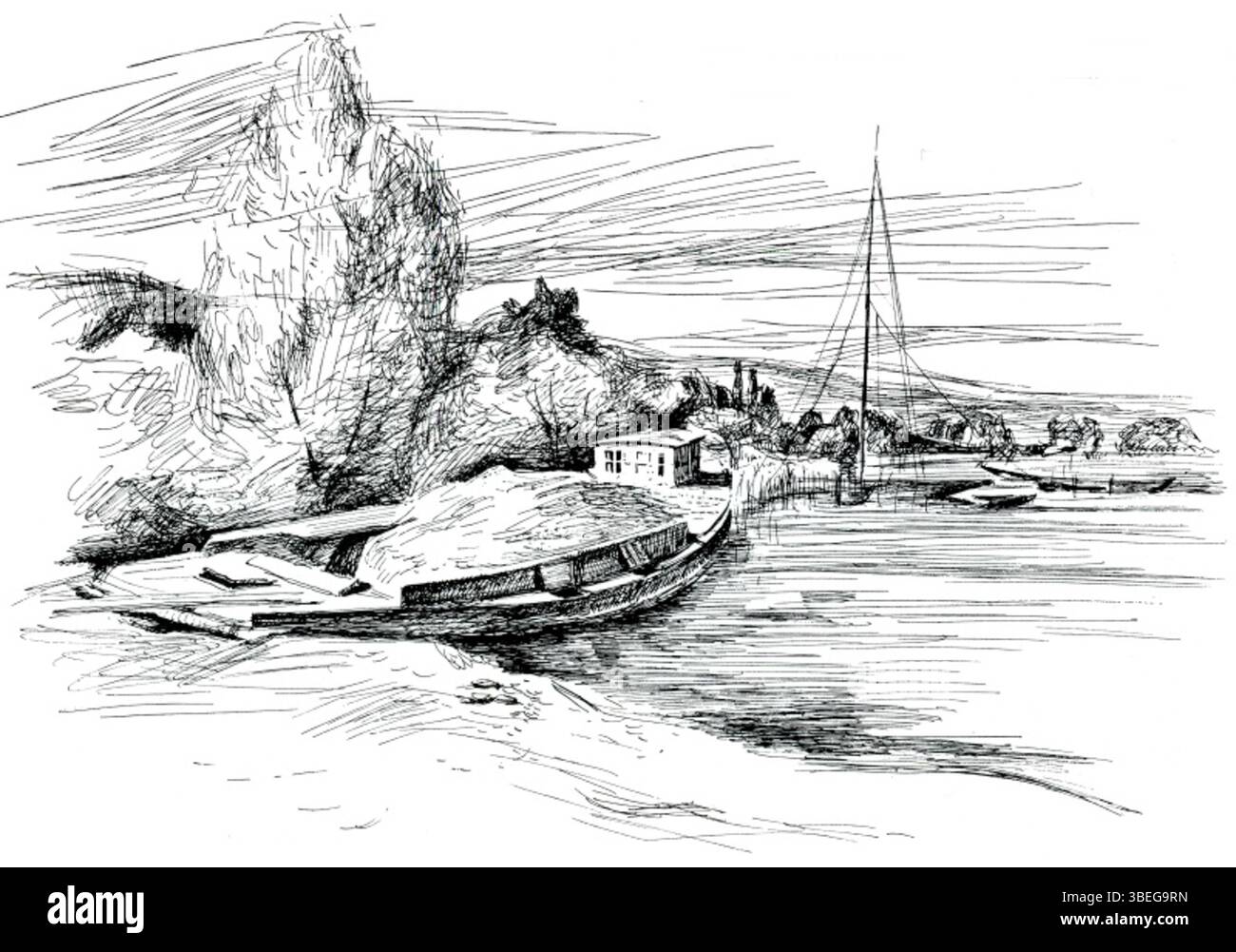 Circa 1940 ink drawing by Paul Haldimann depicting Bächer Bucht, a bay ...