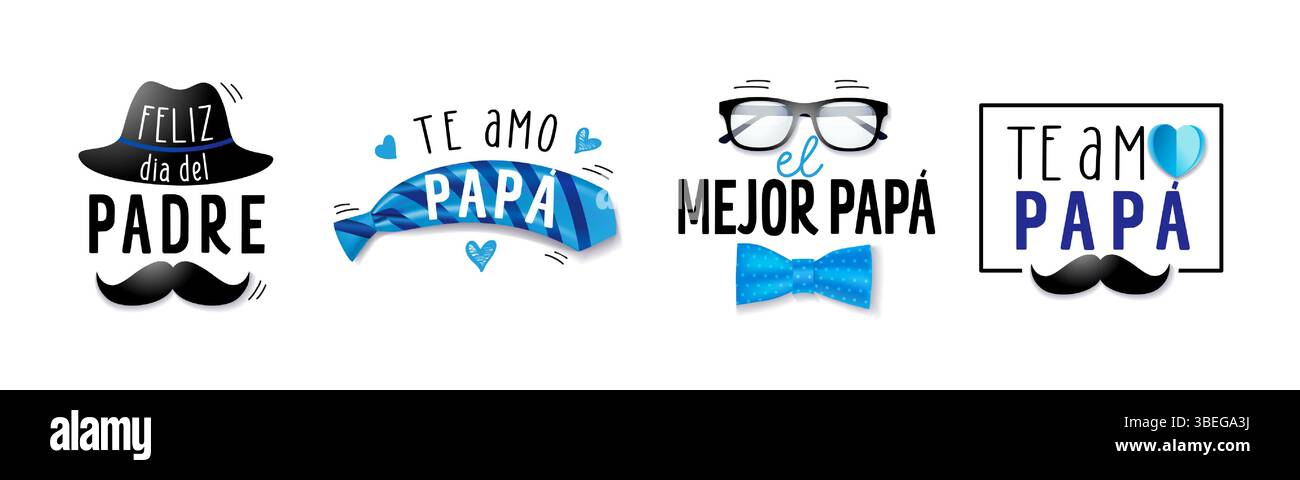 Feliz dia del Padre, realistic spanish badges collection with hat ...