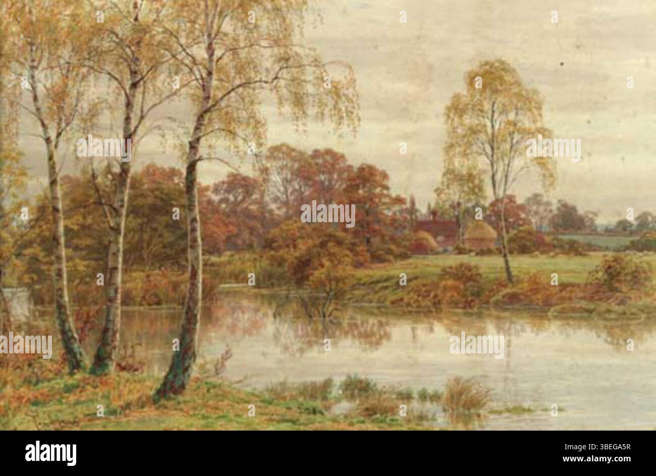 This landscape by Thomas H. Hunn depicts silver birch trees beside a ...