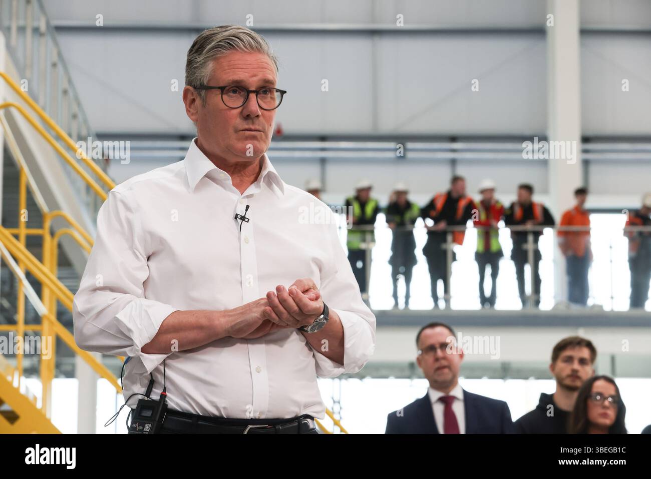 Prime Minister Sir Keir Starmer speaks to workers during a visit to ...