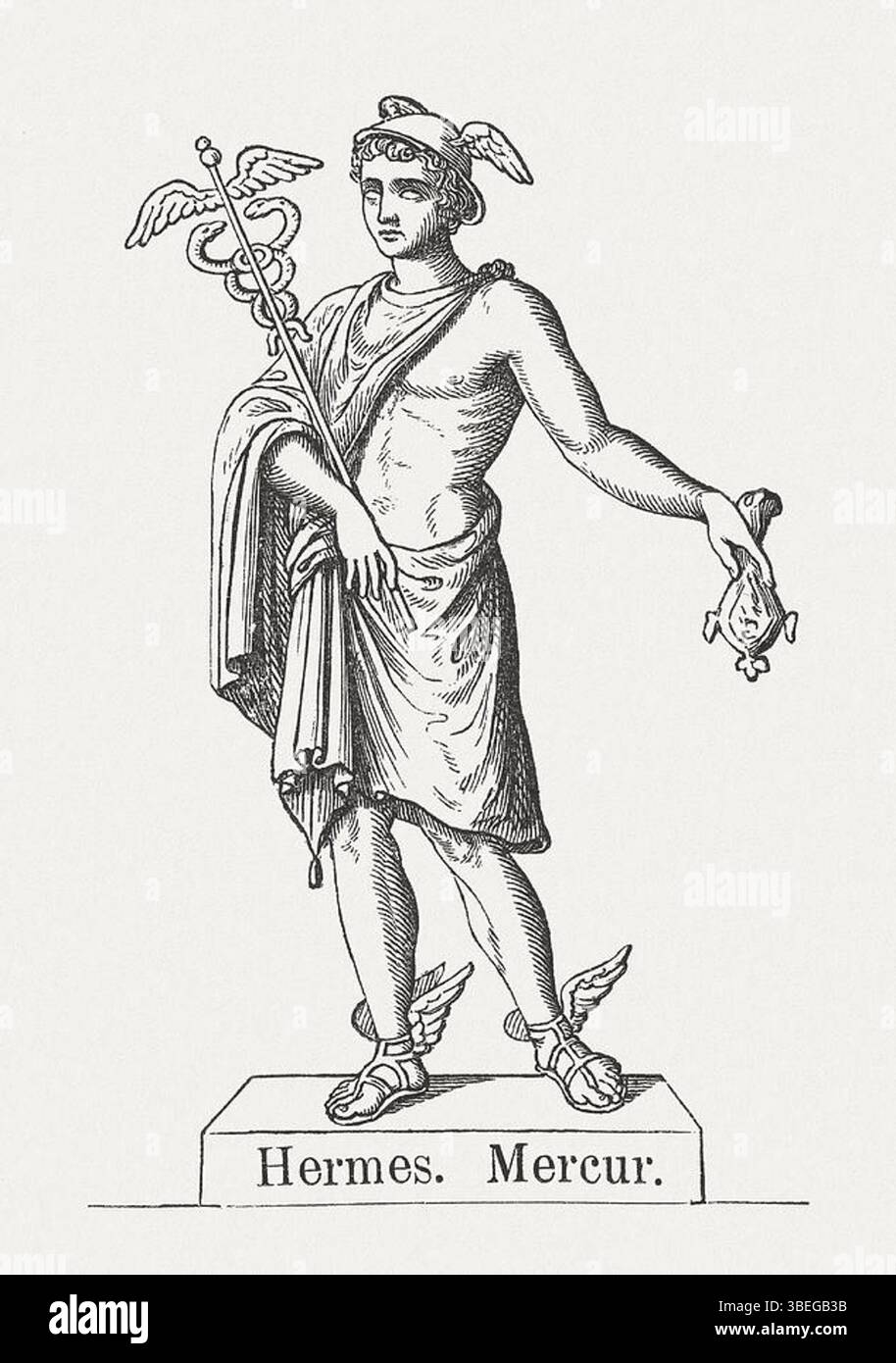 Woodcut engraving of Hermes, the Greek god of transitions and ...