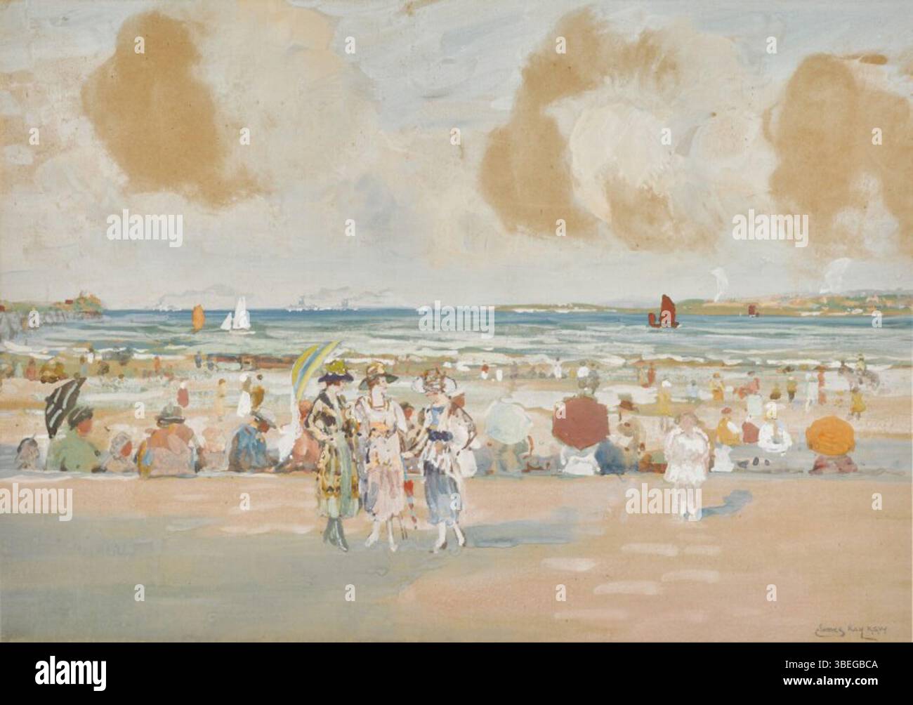 A painting titled 'Ladies on the Beach' by artist James Kay, depicting ...
