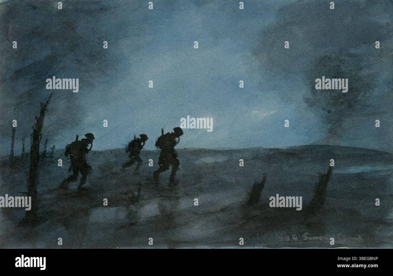 In this watercolour, F.J. Mears depicts British troops in gas masks ...