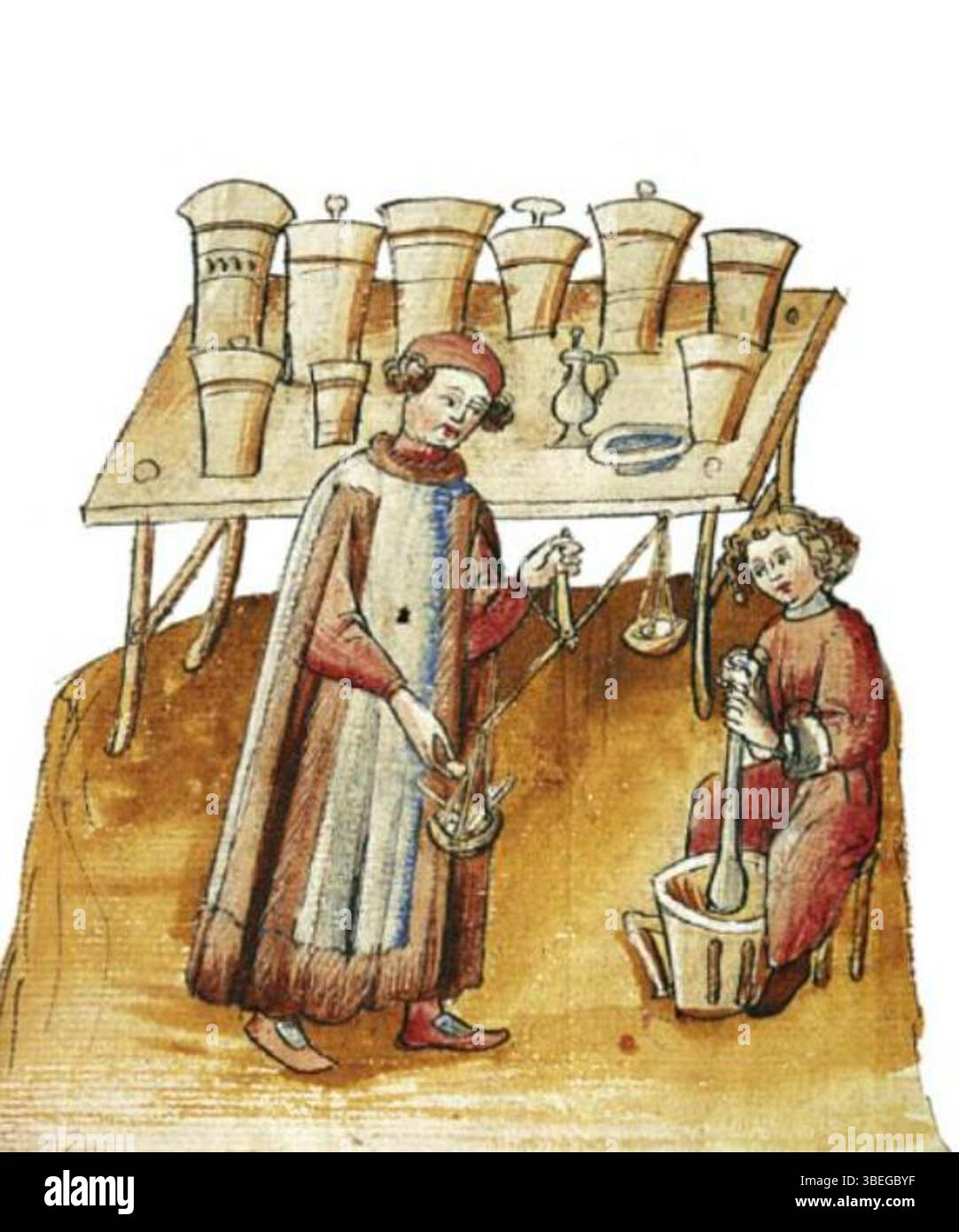 This image shows a patient receiving treatment at a medieval apothecary ...