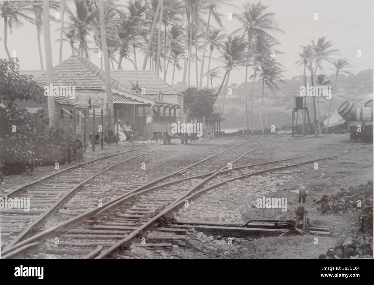 This historical image shows the Bath Train Station in Barbados, circa ...