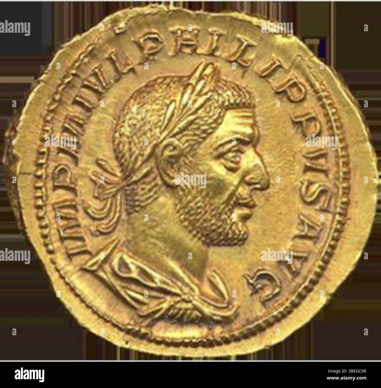 An aureus coin of Philip the Arab, minted between 244 and 249 AD. The ...