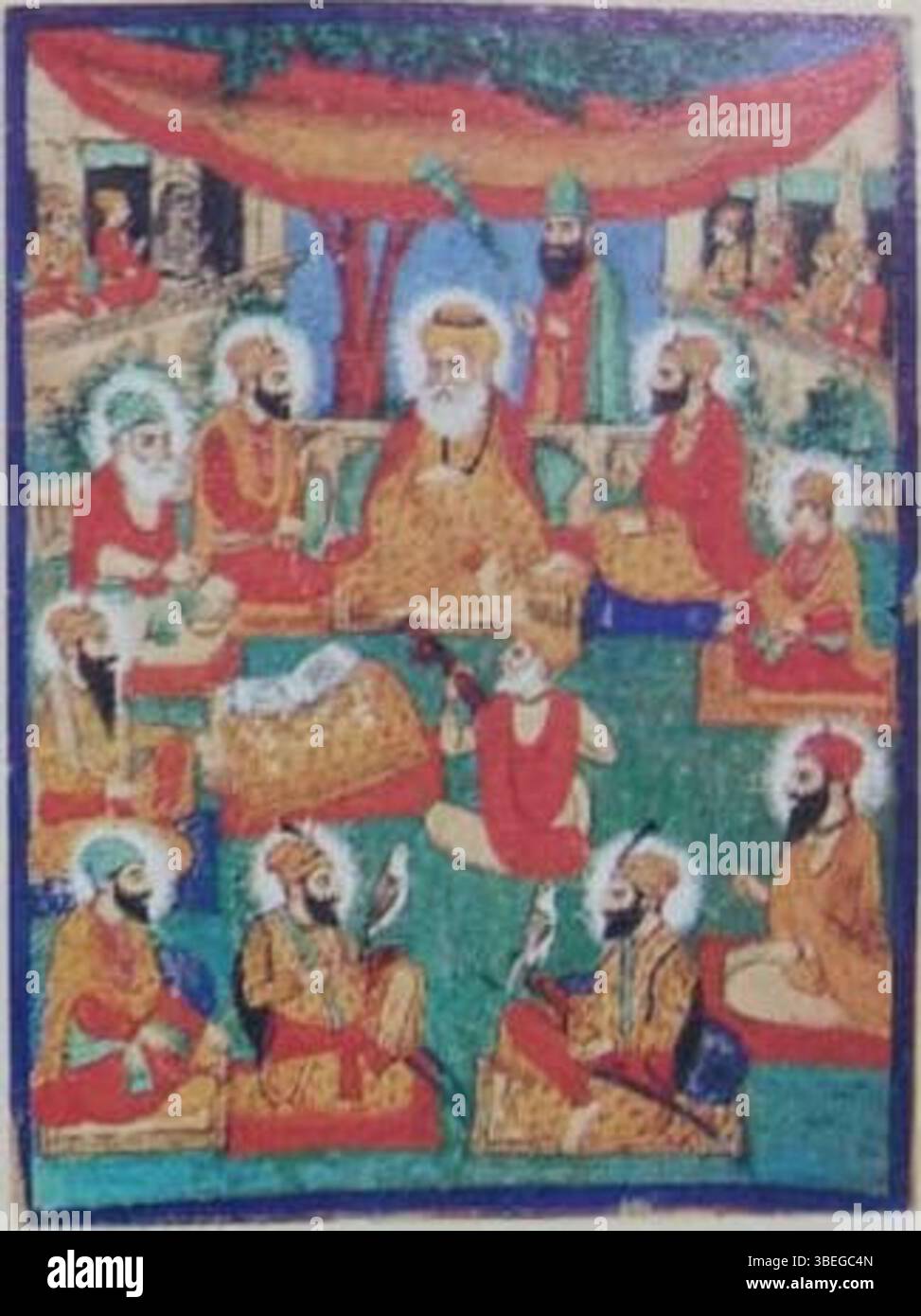 This painting depicts all the Sikh Gurus seated under a canopy ...