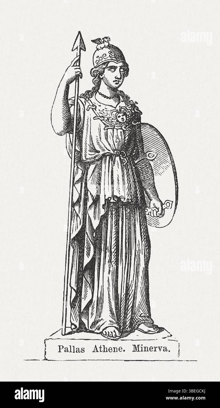 Athene, the Greek goddess of wisdom and heroic endeavors, is illustrated in this 1878 wood ...