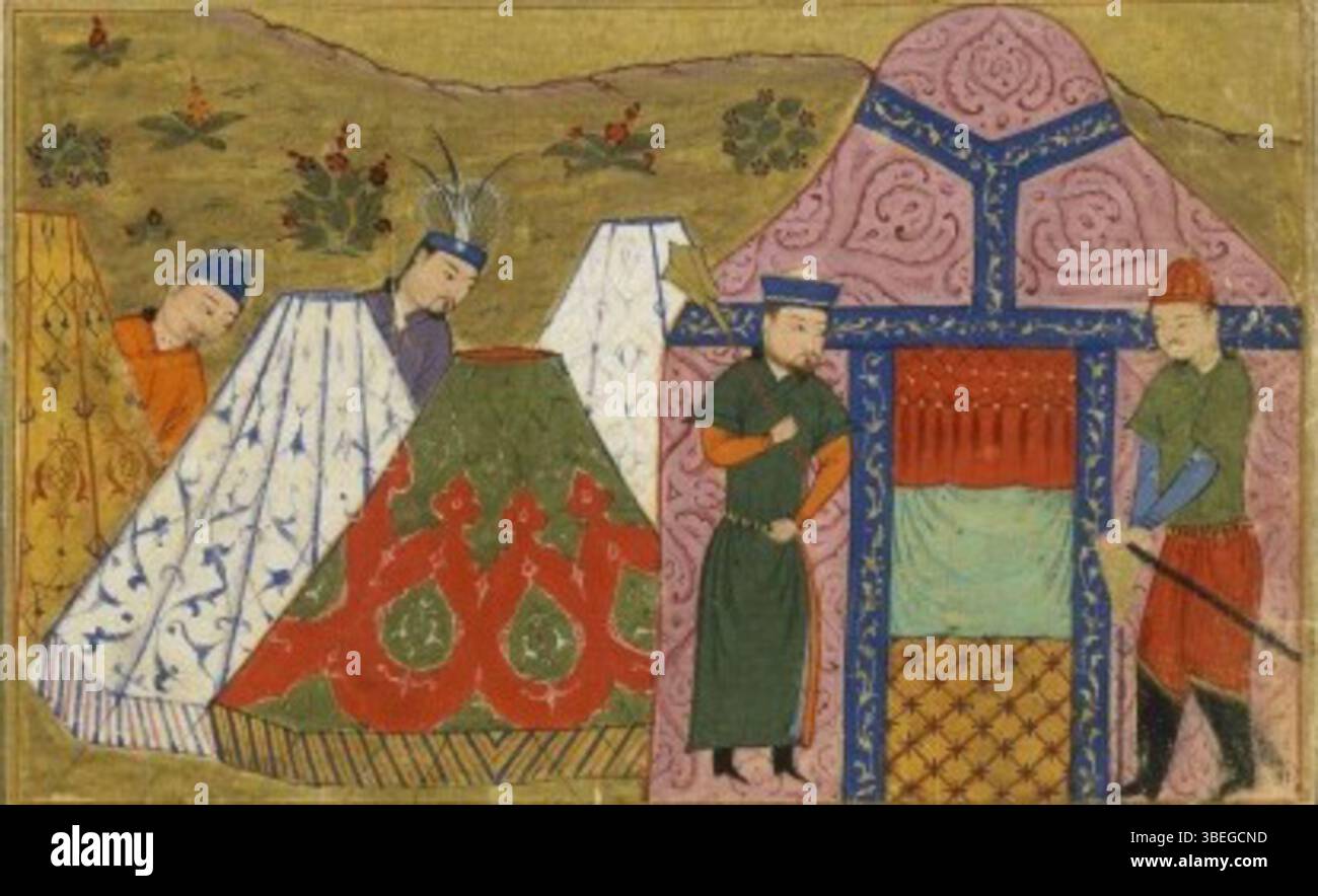 This image from the 14th-century manuscript of Rashid al-Din depicts ...
