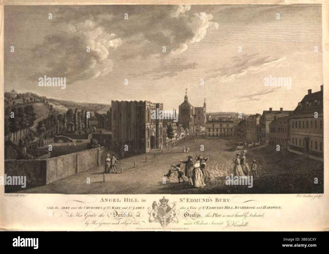 An engraving by John Kendall from 1774 depicting Angel Hill in Bury St ...