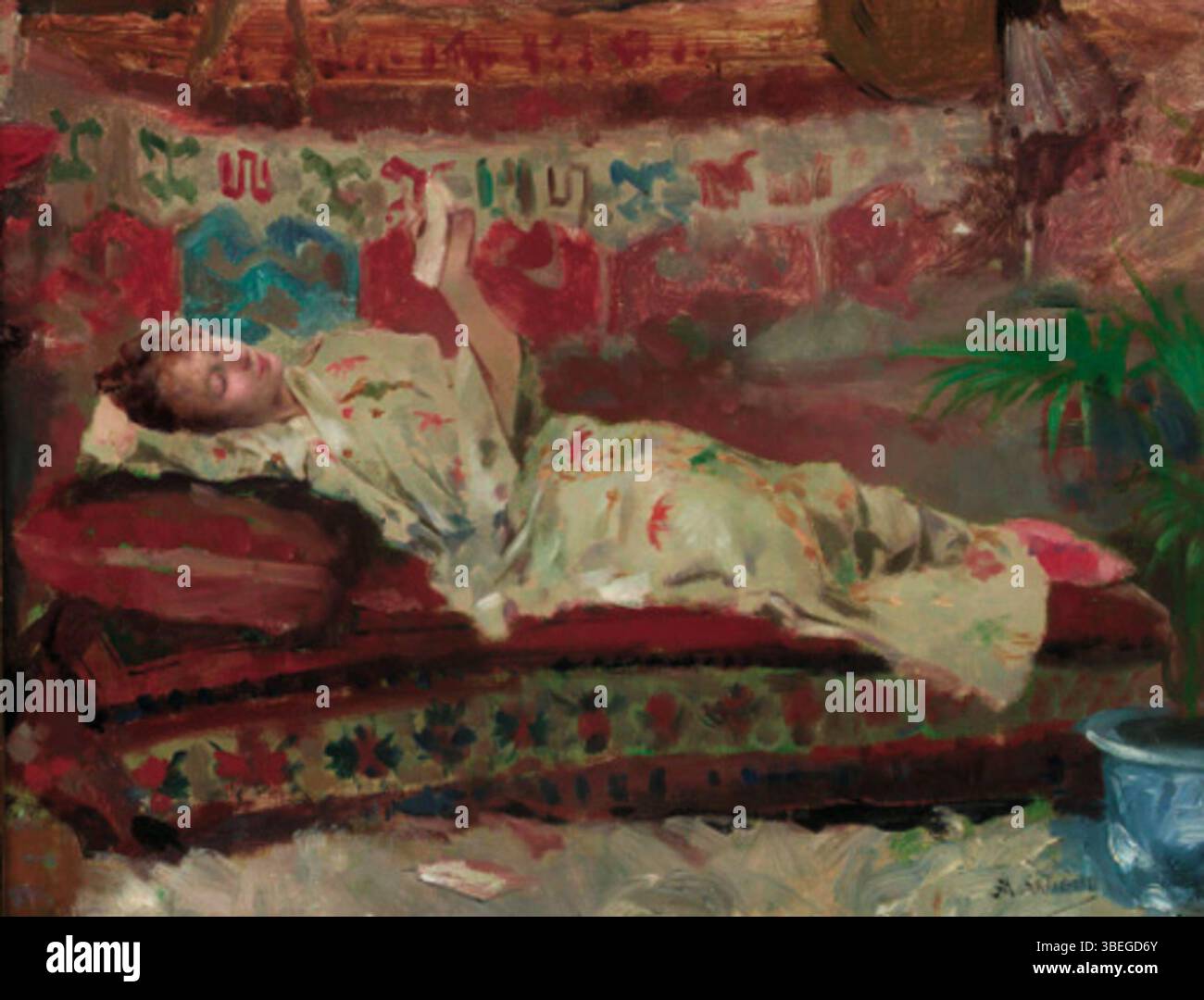 *A Reclining Lady in a Kimono* by Albert-Émile Artigue is a painting ...