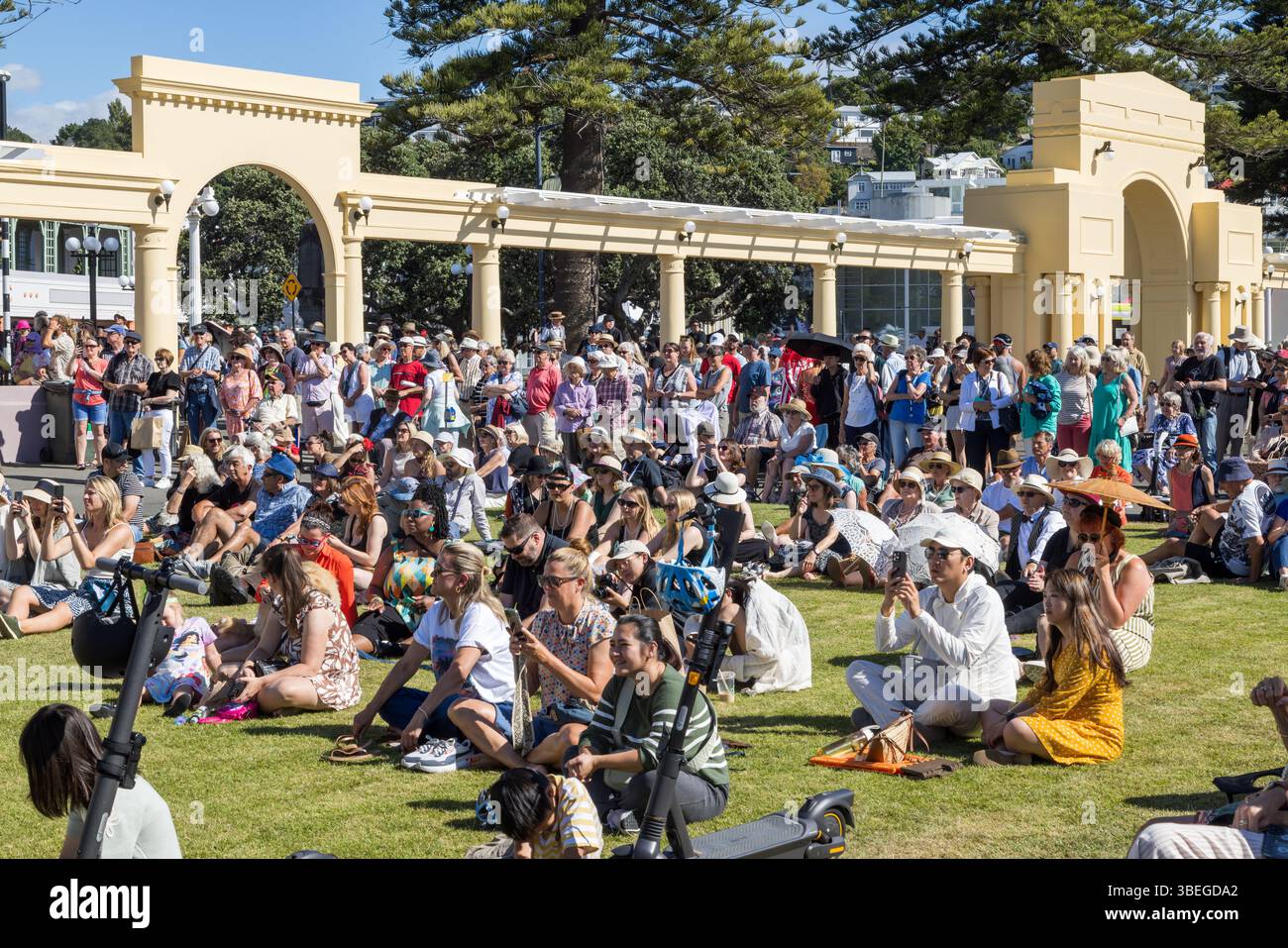 A crowd of people in front of the historic colonnade in Napier, New ...