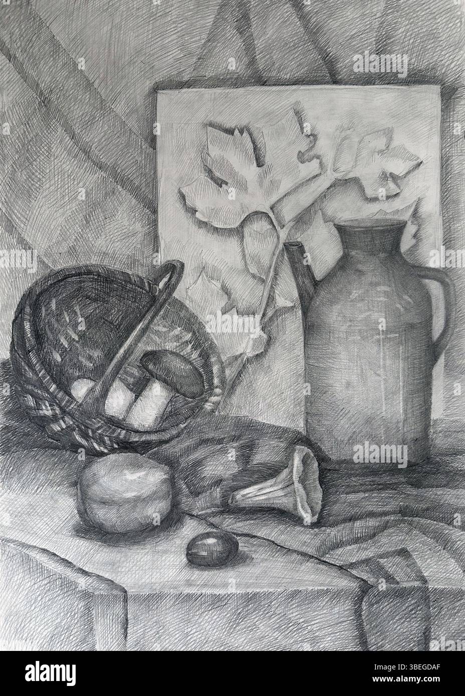 Still life, pencil drawing illustration. Household still life made in ...