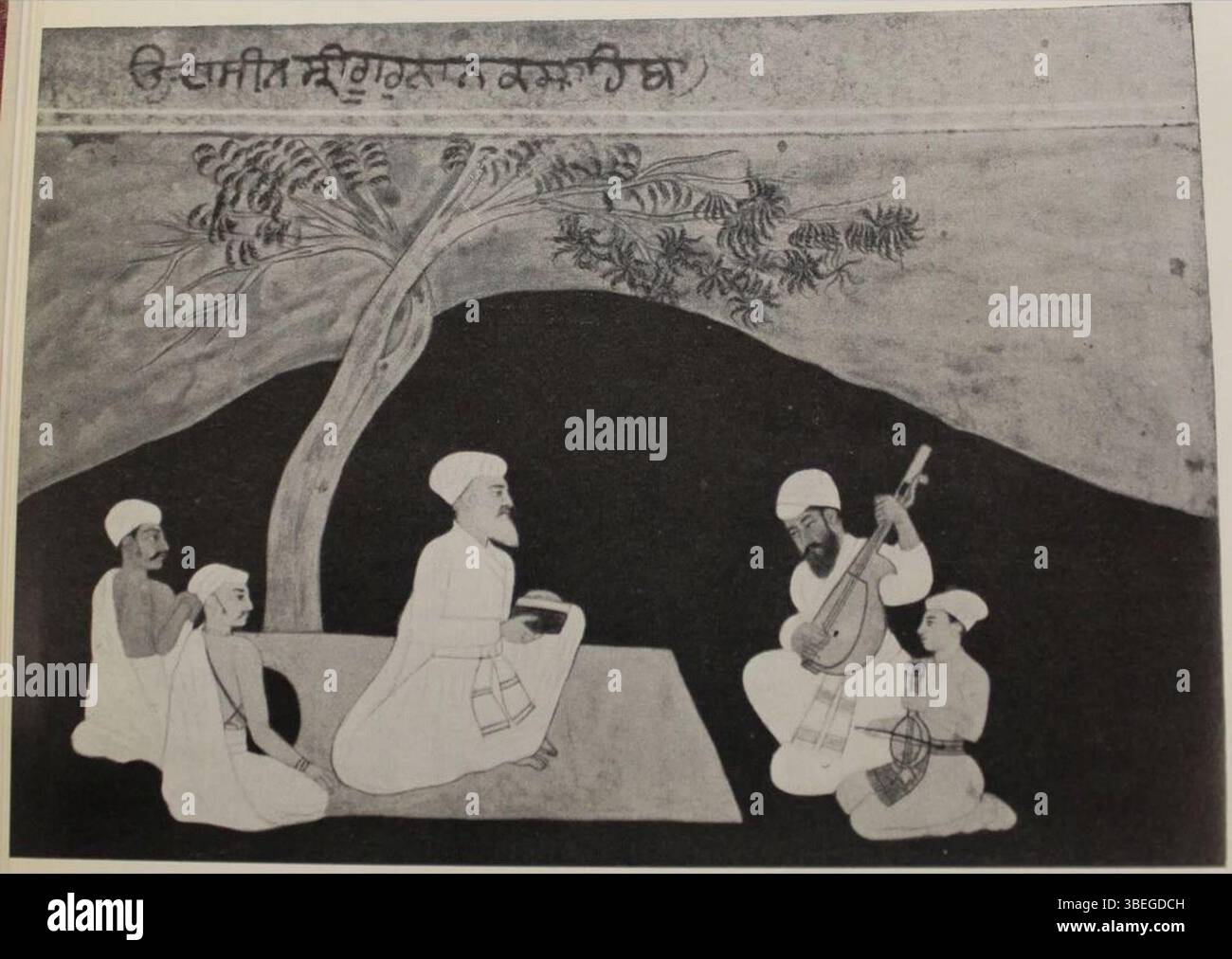This miniature painting depicts Guru Nanak listening to musicians ...