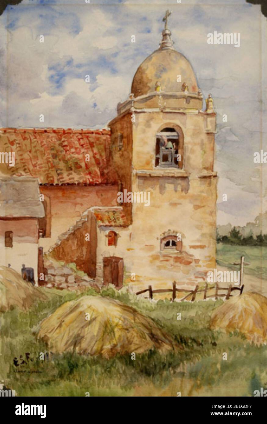 In this 1904 painting, Eva Scott Fényes portrays the church bell tower ...