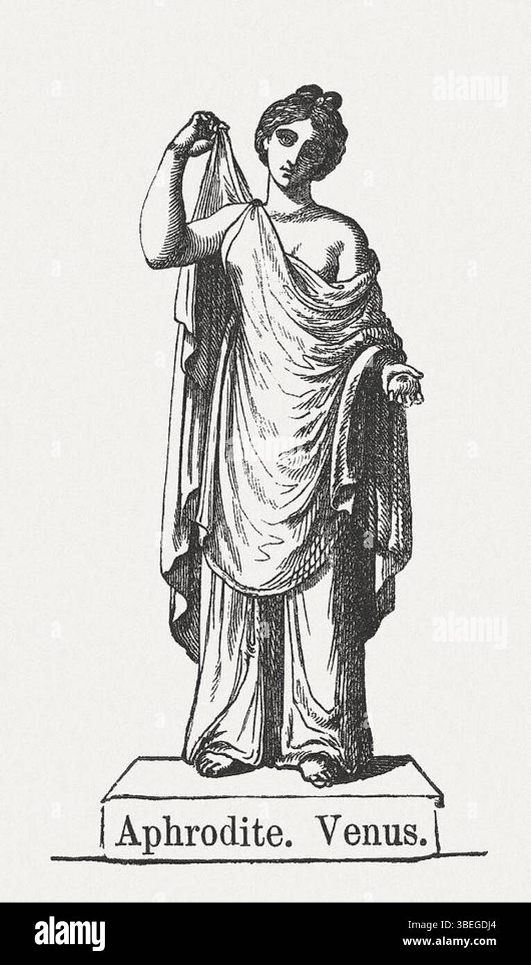 Aphrodite, the Greek goddess of love, is depicted in this wood ...