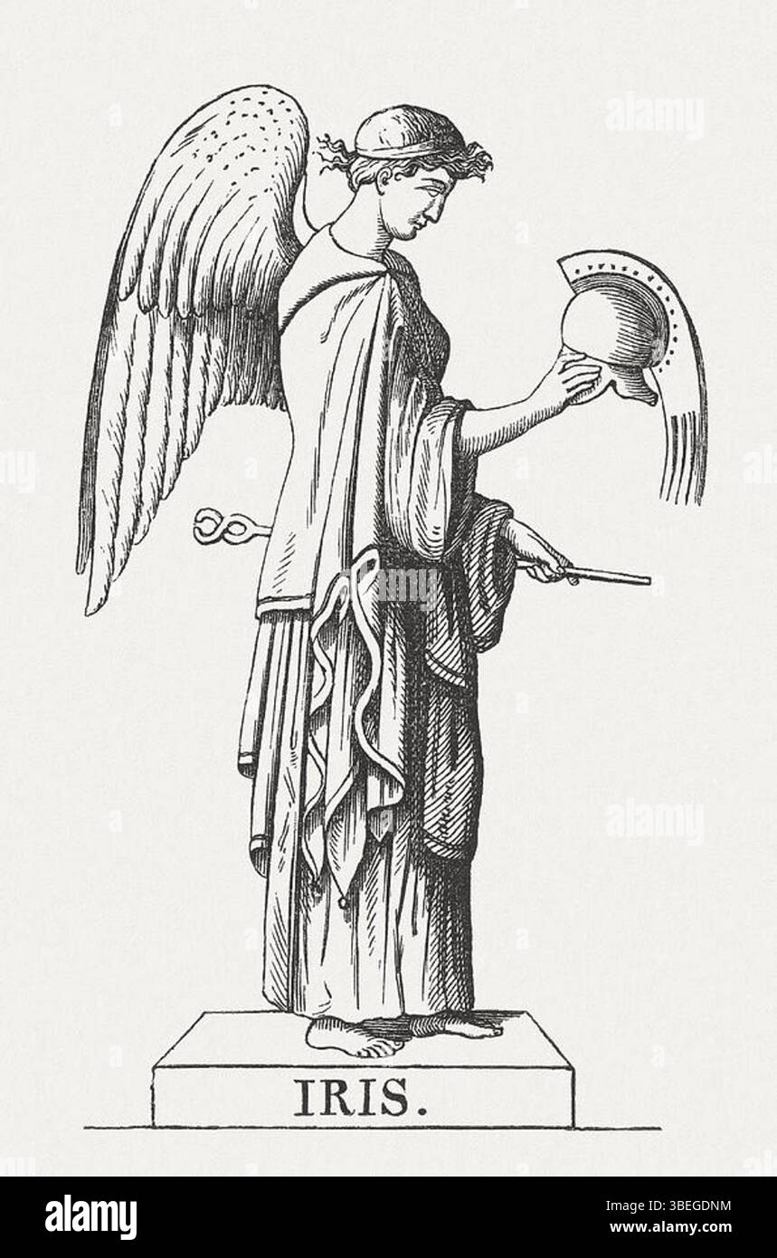 This 1878 wood engraving depicts Iris, the Greek goddess of the rainbow and messenger of the ...