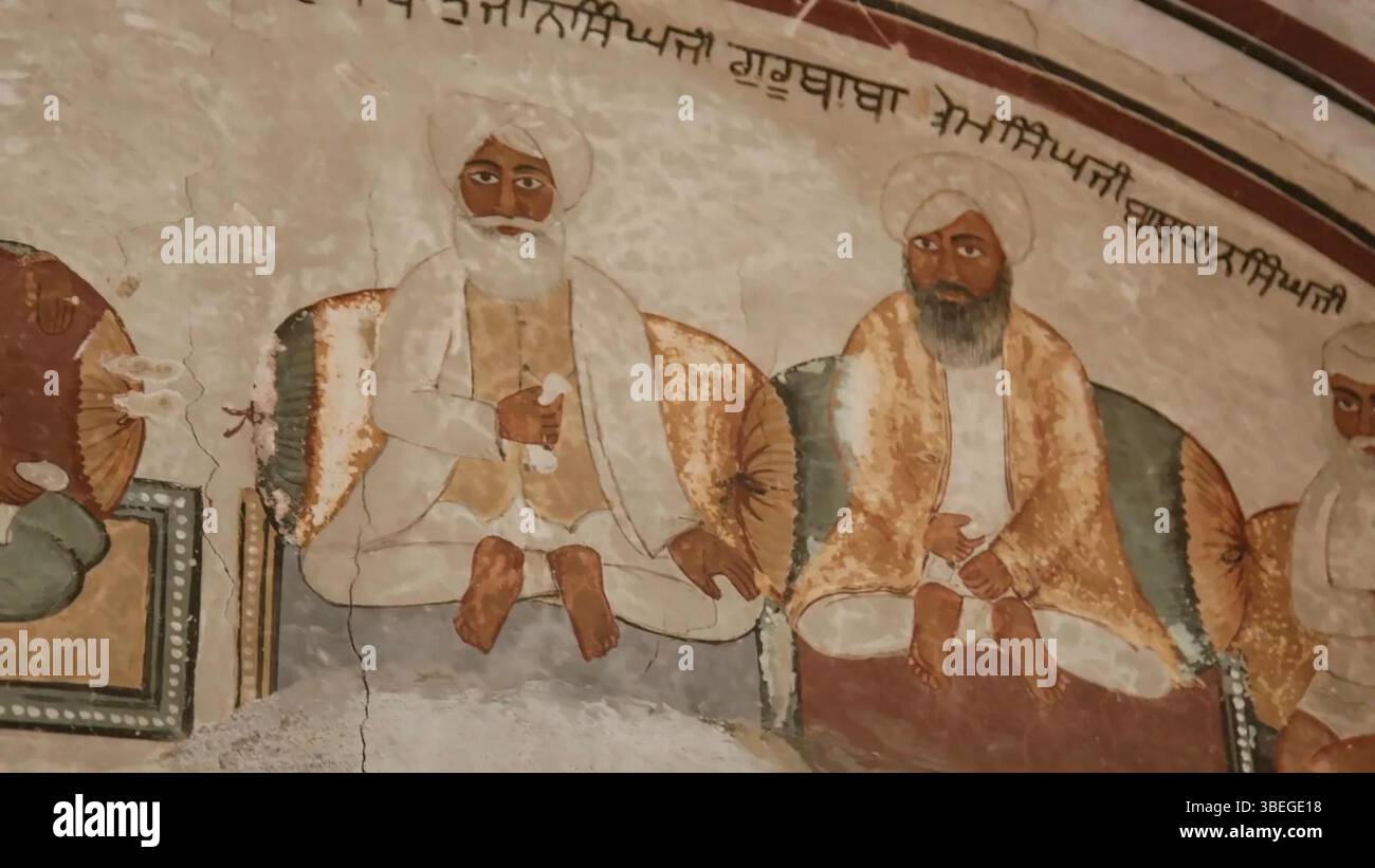 This mural depicts the spiritual lineage of Baba Bir Singh's Dera in Naurangabad, Punjab ...