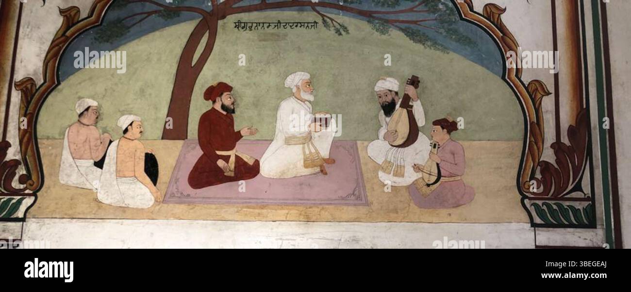 This fresco from Jhanda Sahib, Dehradun, depicts Guru Nanak, Guru Ram ...