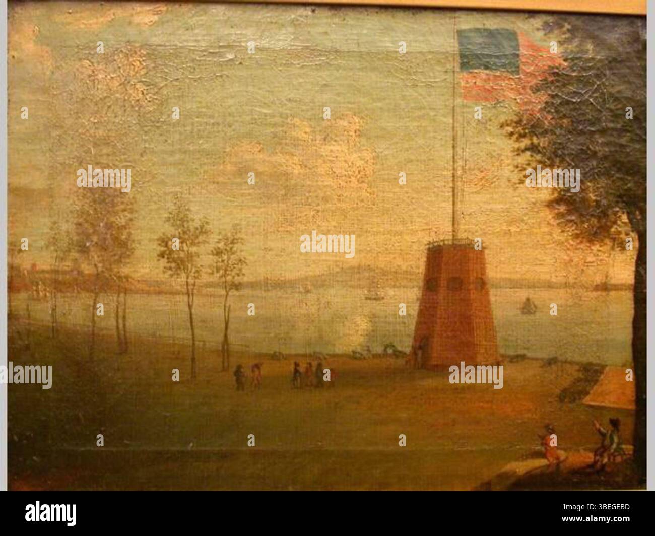 An early 19th-century American painting depicting a flagstaff and churn ...