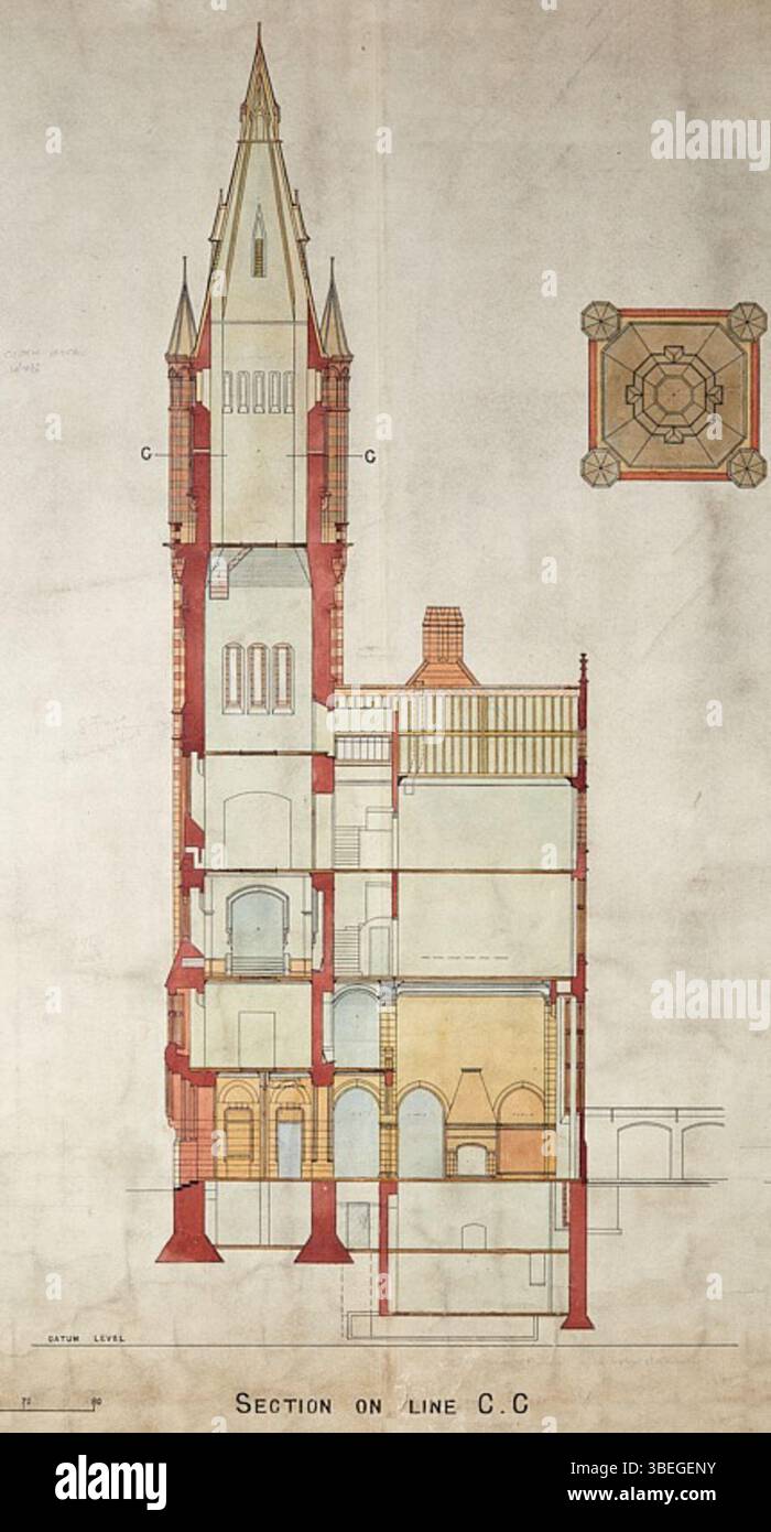This architectural drawing, created by Alfred Waterhouse circa 1887 ...