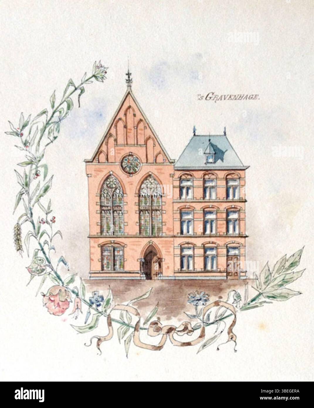 A pen drawing from 1850 by Petrus Doorn, showing the Nobelstraatkerk ...