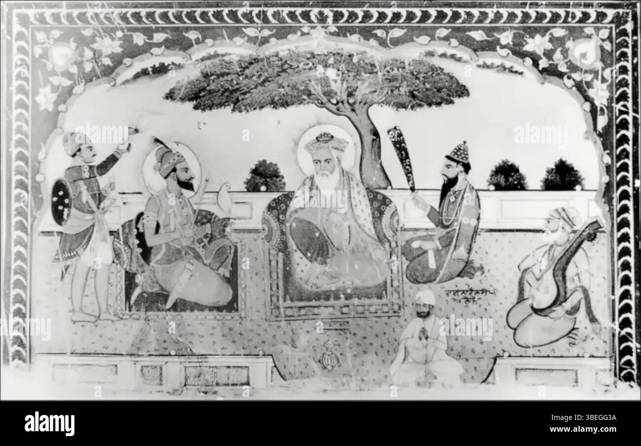 This late 19th-century mural, depicting Guru Nanak and Guru Gobind ...