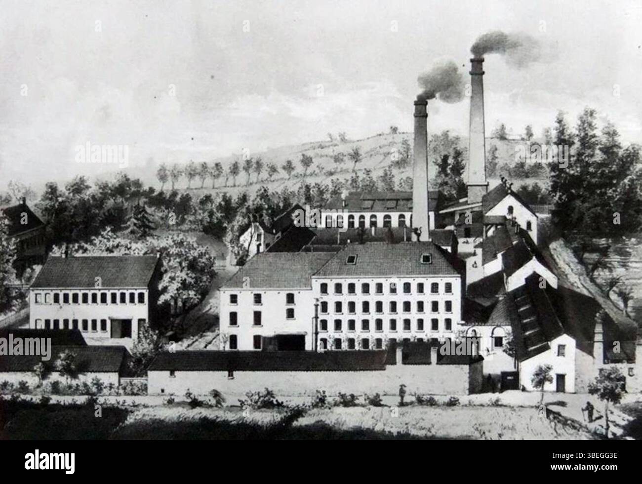 This 19th-century image depicts the Wilson factory in Uccle, Belgium ...