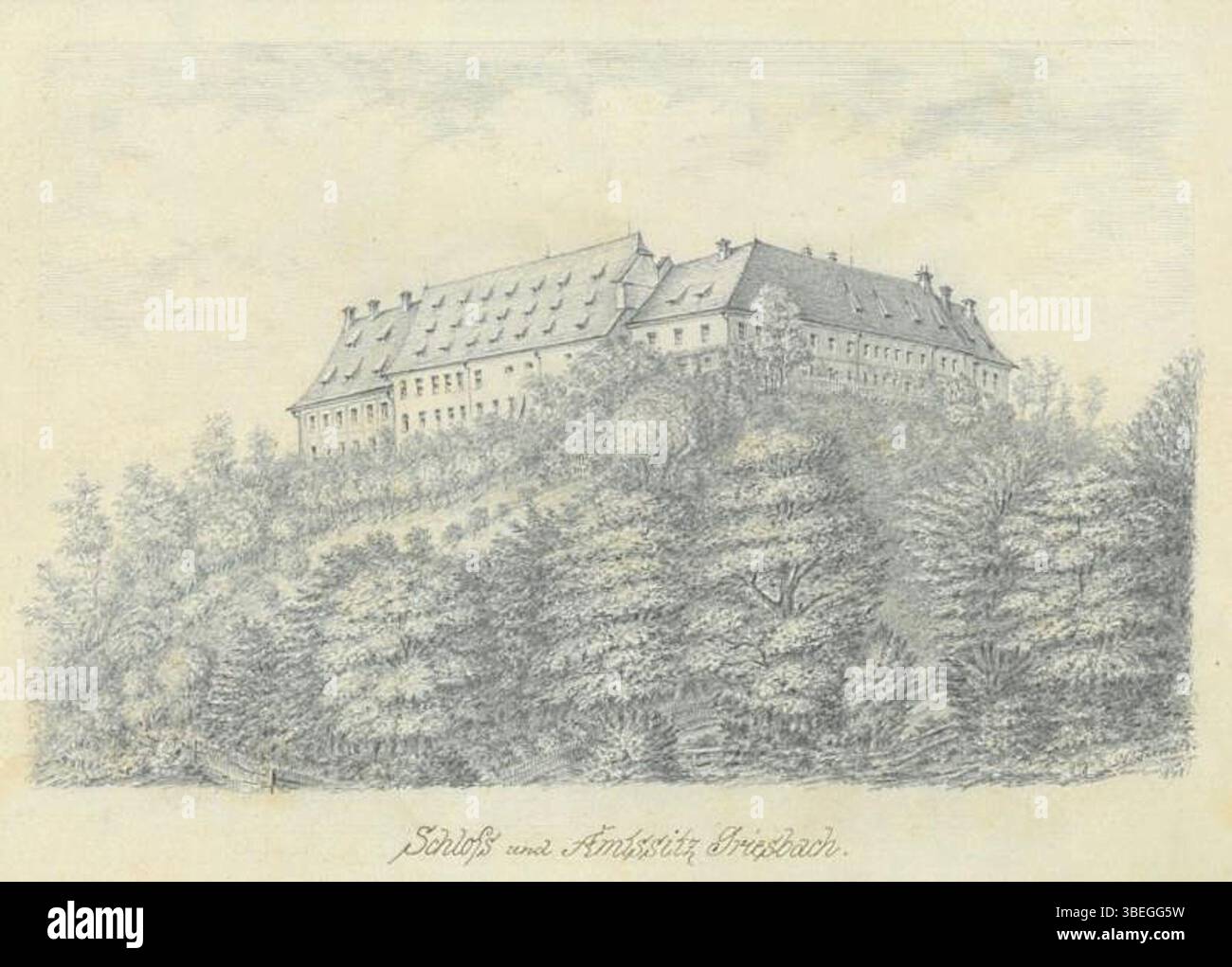 Drawing of Schloss Griesbach created by N. Seewald in 1878. The artwork ...