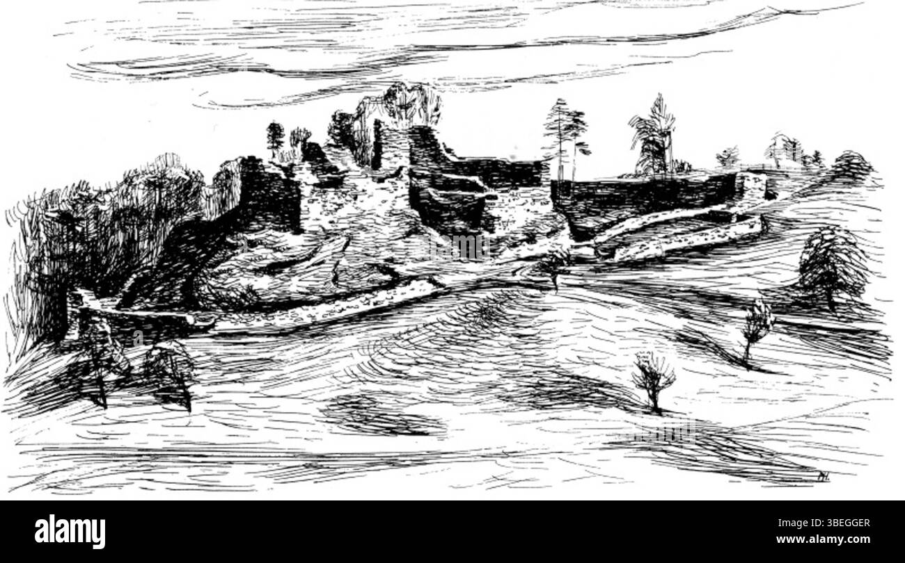 Circa 1940 ink drawing by Paul Haldimann showing a castle ruin ...