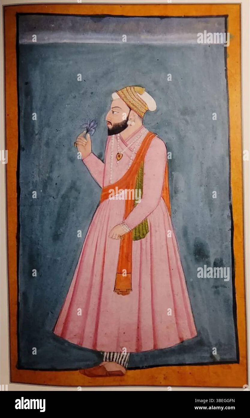 This Pahari painting depicts Guru Har Rai holding a flower, emphasizing ...