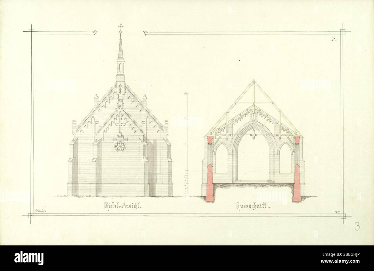 This architectural drawing from 1877 shows the gable view and cross ...