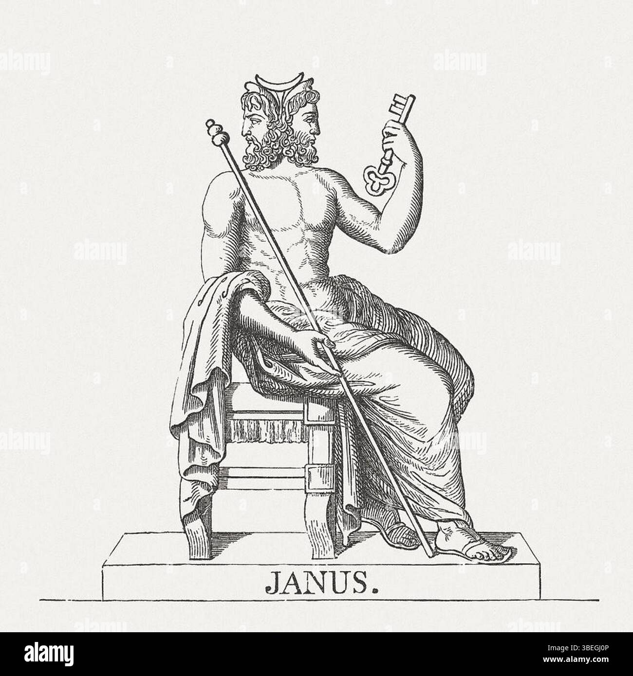 This 1878 engraving depicts Janus, the Roman god of beginnings and transitions, known for his ...