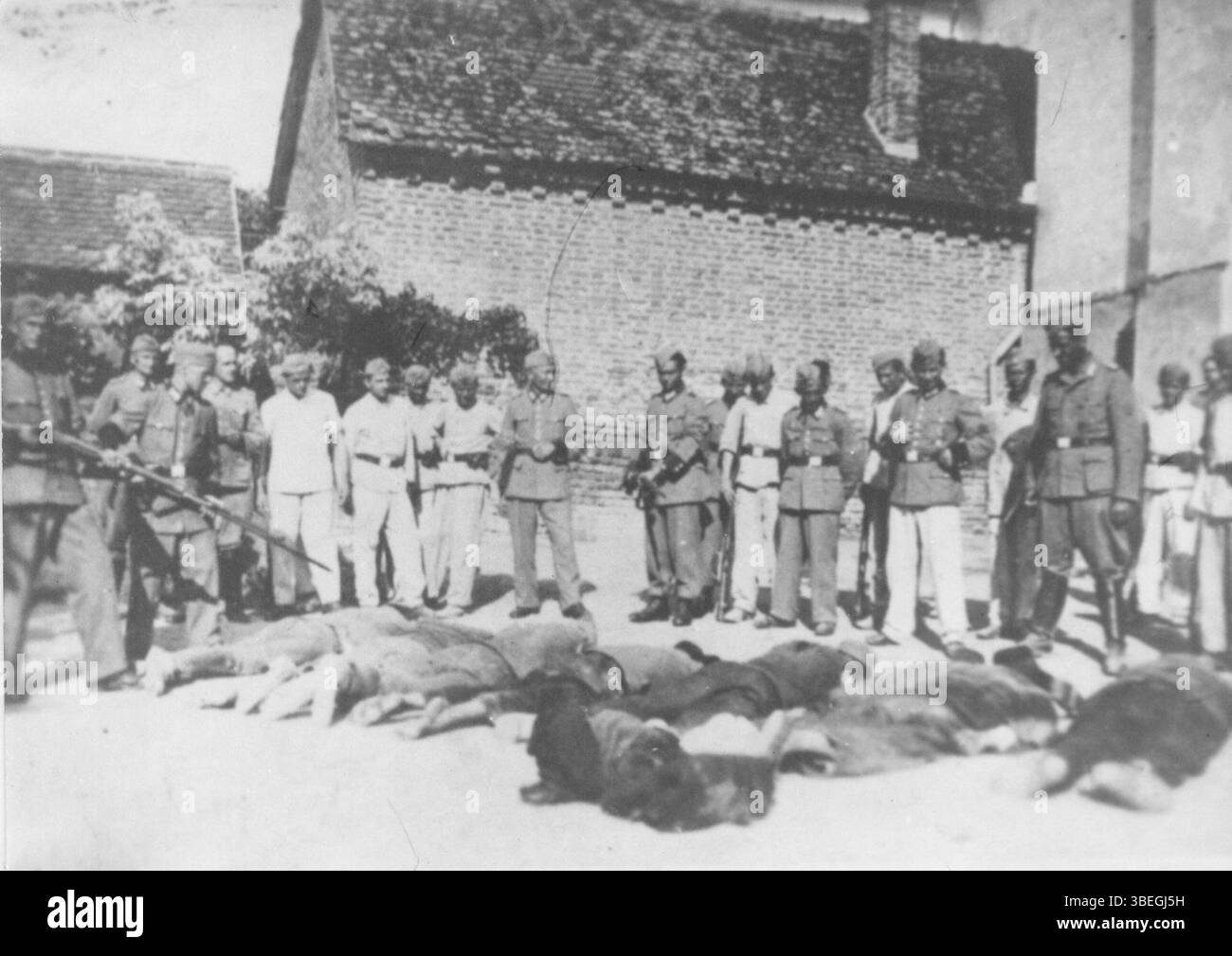 This photograph from 1941 shows Germans posing with victims of a ...