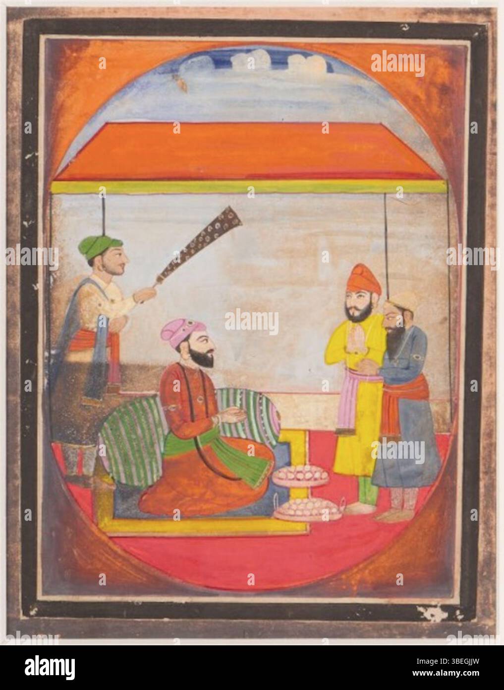 This 19th century painting depicts Guru Tegh Bahadur, a revered Sikh leader, capturing his ...