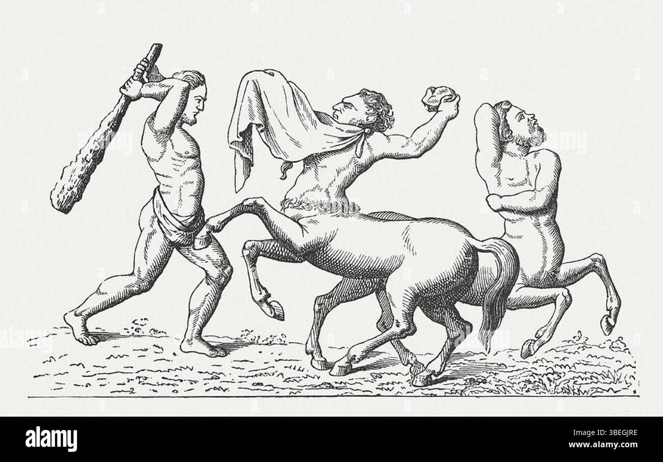 A wood engraving from 1878 portraying Hercules in combat with the ...