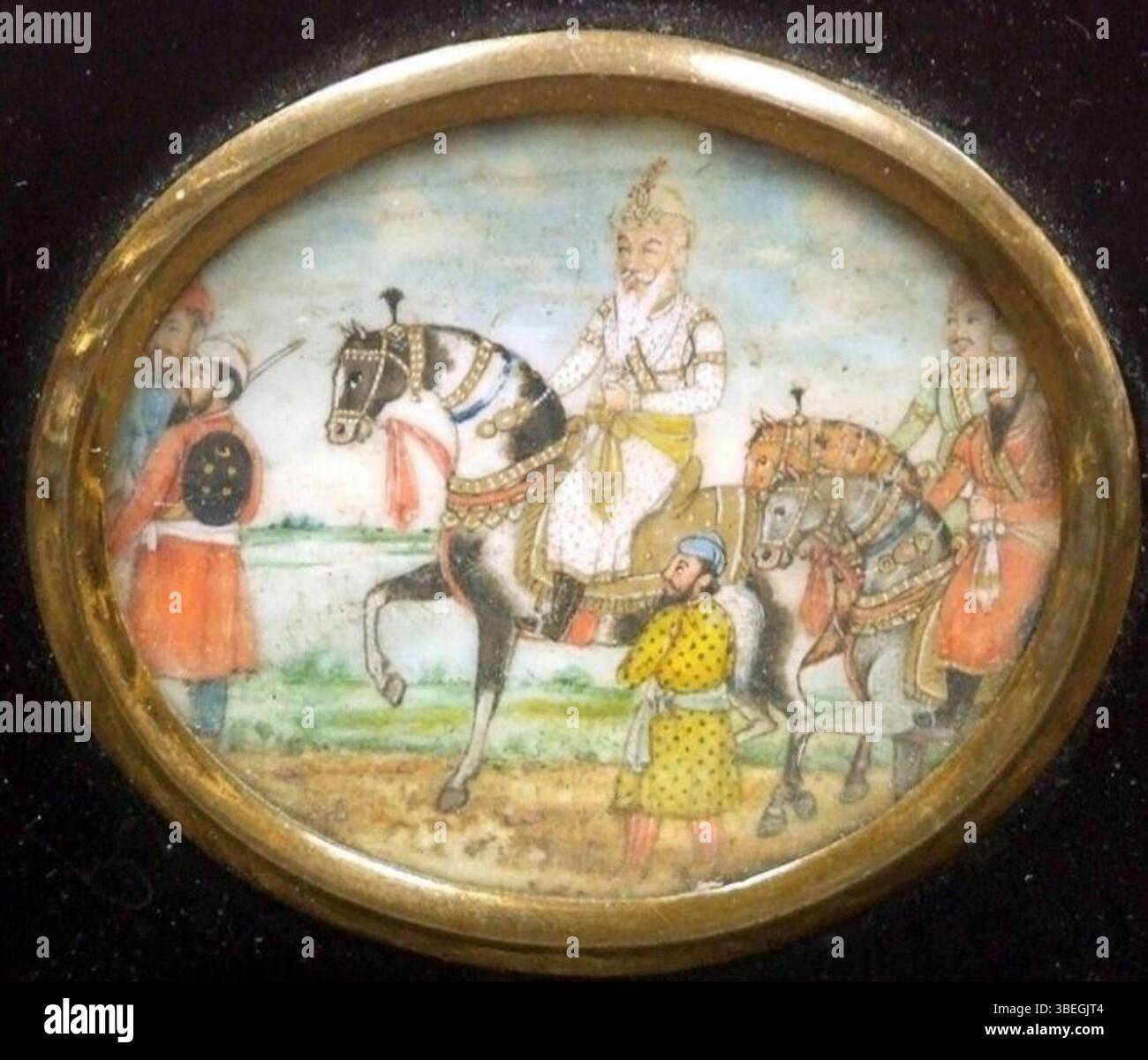 This 19th-century artwork depicts Maharaja Ranjit Singh riding a horse, accompanied by other ...