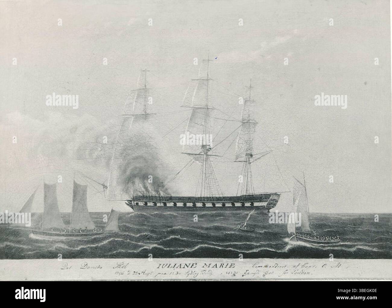 This artwork depicts the burning of the ship 'Dronning Juliane Marie ...
