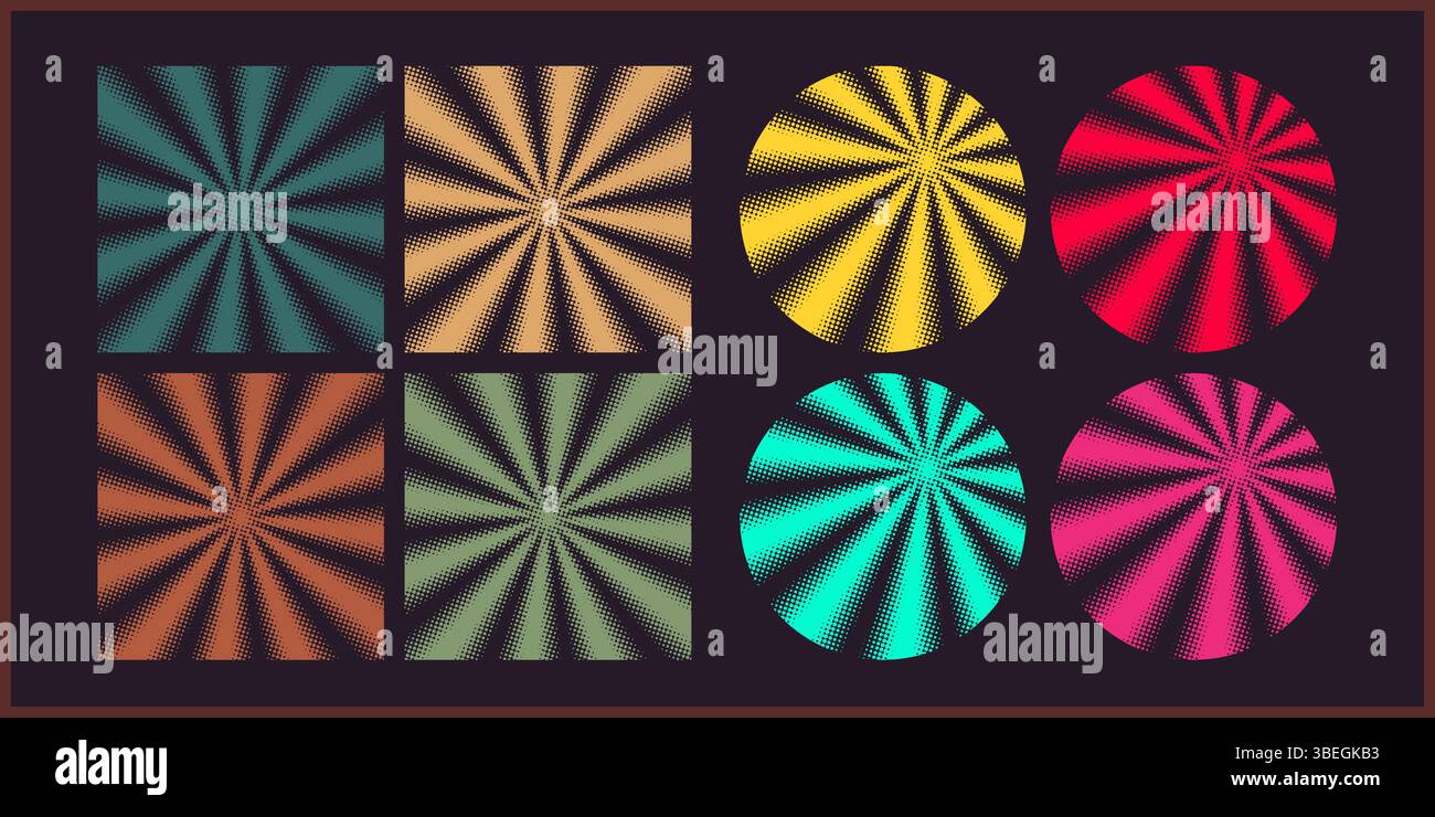 A set of 8 vibrant halftone radial burst backgrounds in circular and ...